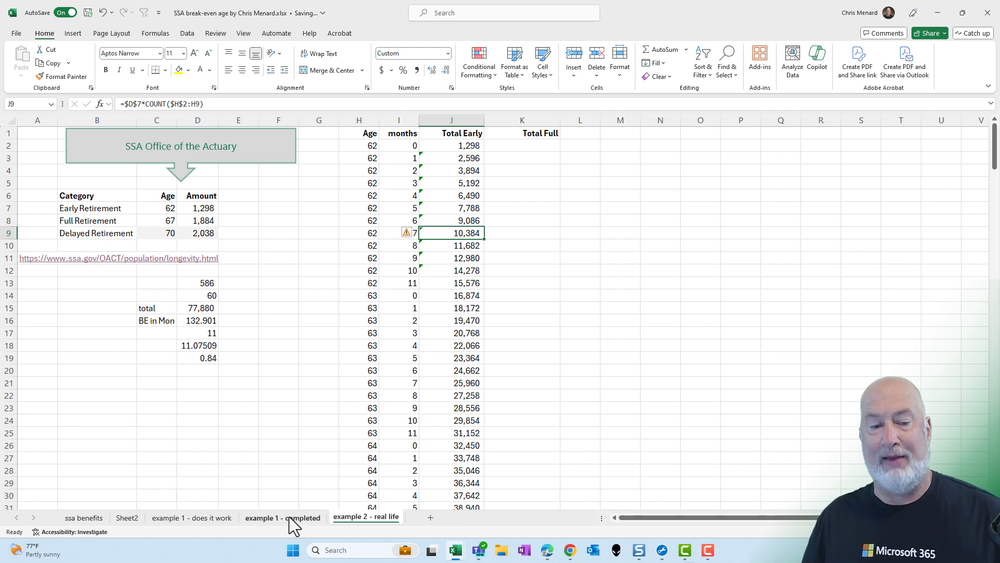 Social Security - Breakeven point in Years using Excel: Chris Menard Training