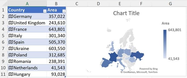 Excel Chart Maps used with the Geography Data Type: Chris Menard Training